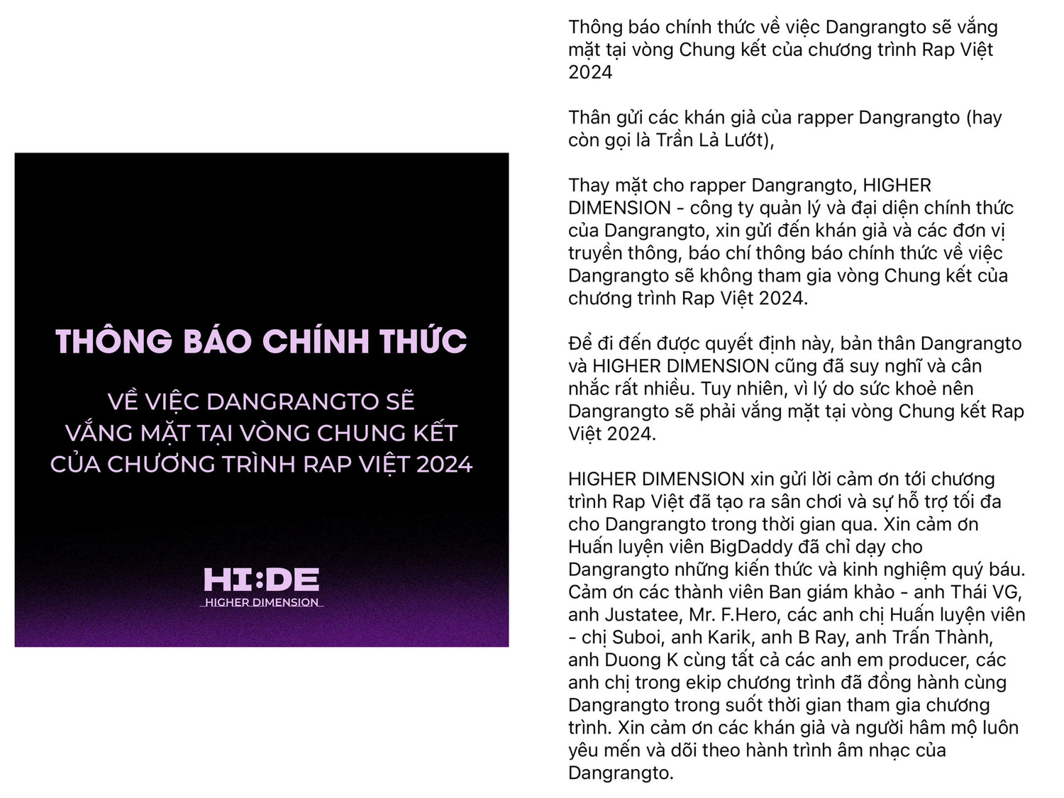 Dangrangto quyết định dừng chân ở chặng đua Rap Việt mùa 4 vì lý do sức ...