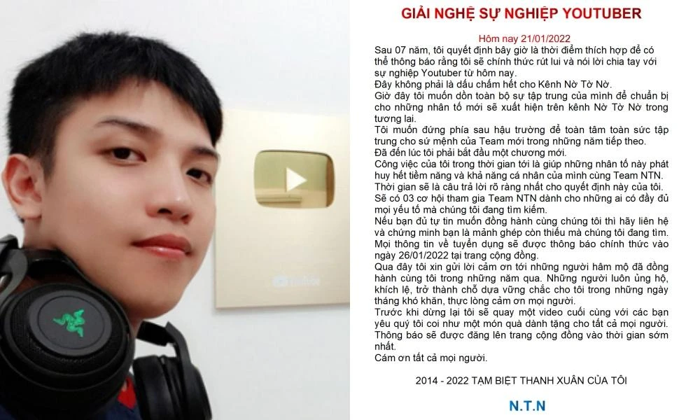 NTN Vlogs lại tuyên bố "giải nghệ" sau 7 năm làm YouTuber, tiết lộ kế ...
